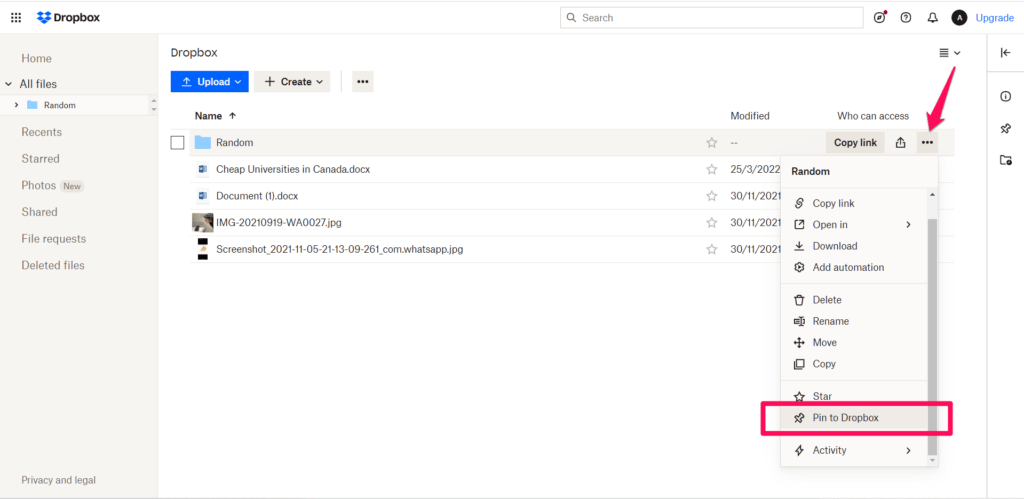 How to Pin Files and Folders in Dropbox?